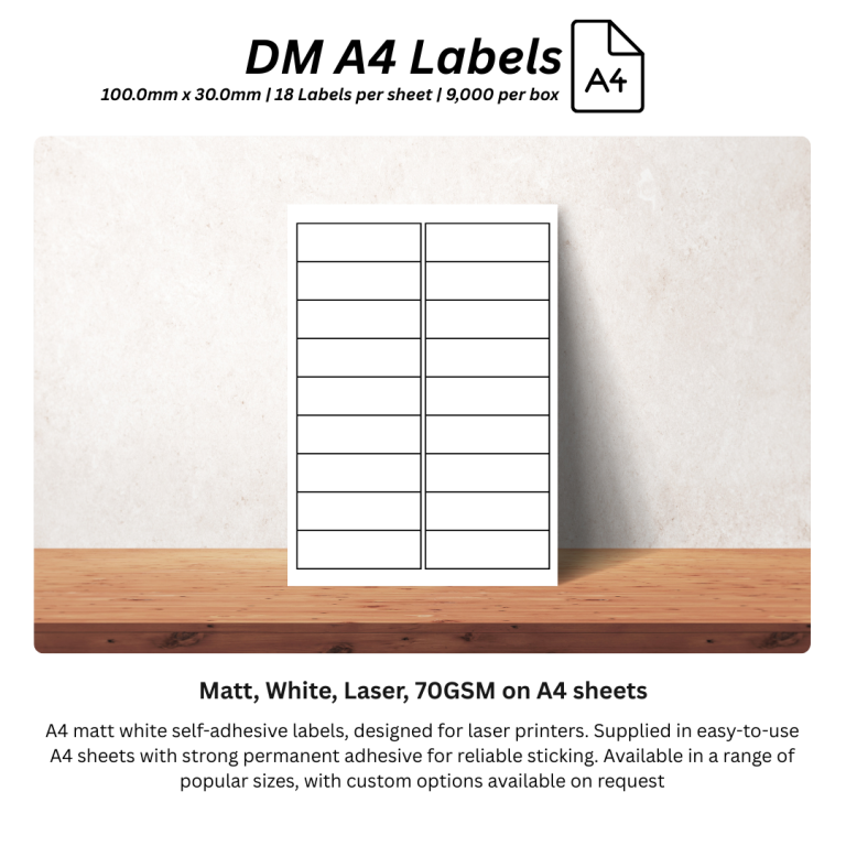DM A4 Labels 100.0mm x 30.0mm – Matt, White, Laser, 70GSM | Datamark