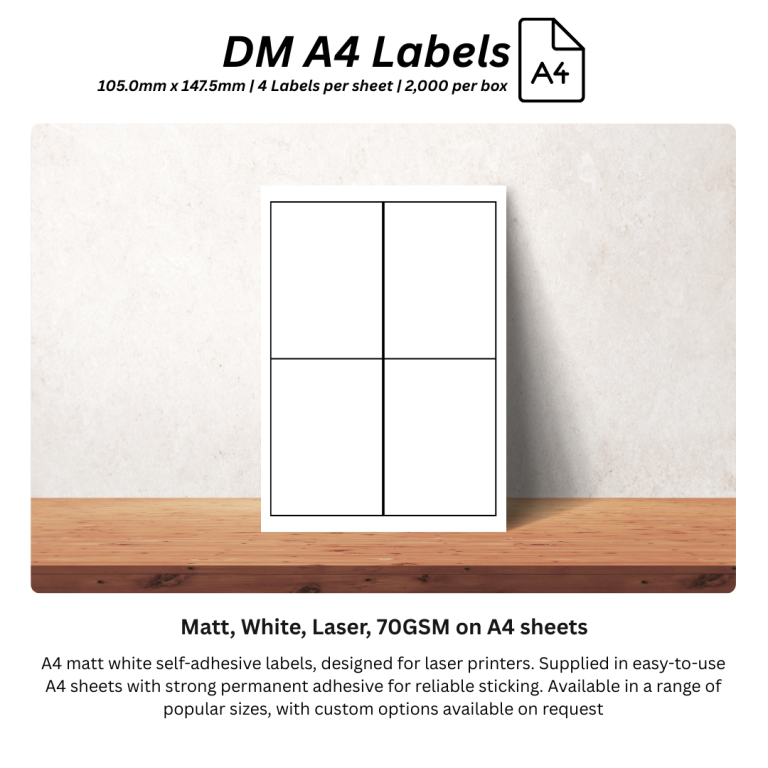 DM A4 Labels 105.0mm x 147.5mm – Matt, White, Laser, 70GSM | Datamark