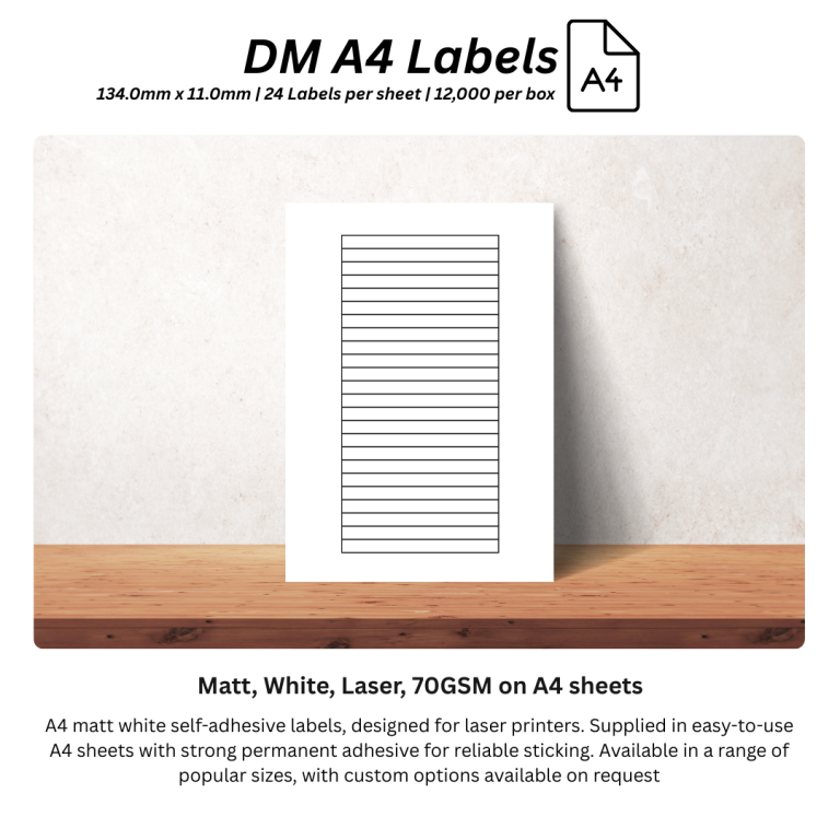 DM A4 Labels 134.0mm x 11.0mm – Matt, White, Laser, 70GSM | Datamark
